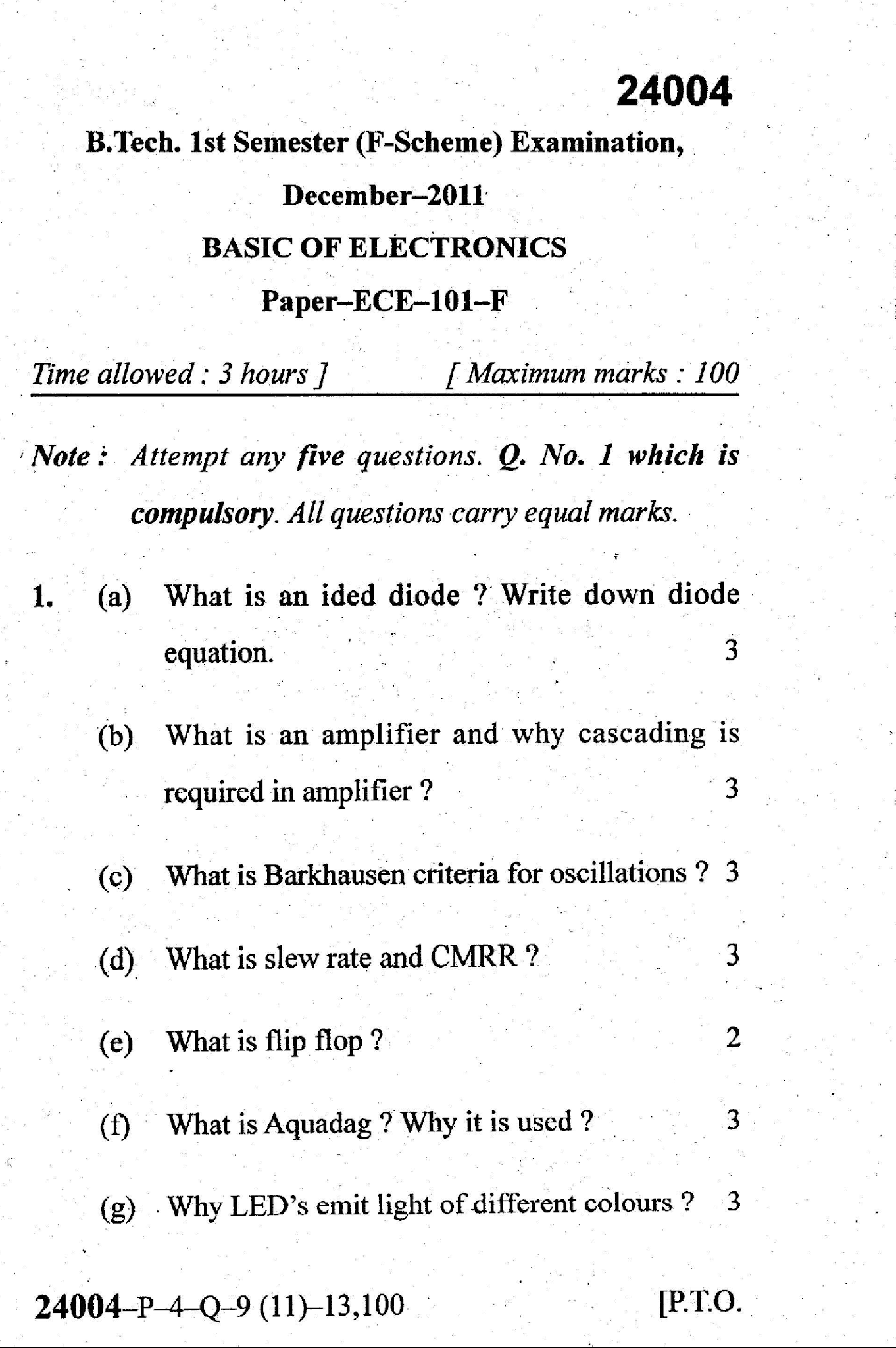 MDU B.Tech 1st Semester Basics of Electronics Dec 2011 Question Paper ...