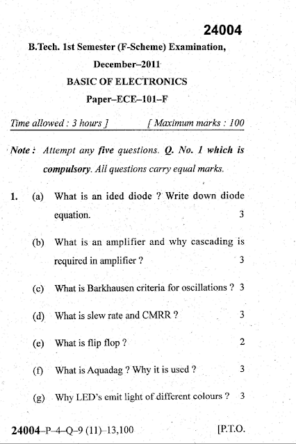 MDU B.Tech 1st Semester Basics of Electronics Dec 2011 Question Paper - University Question Papers