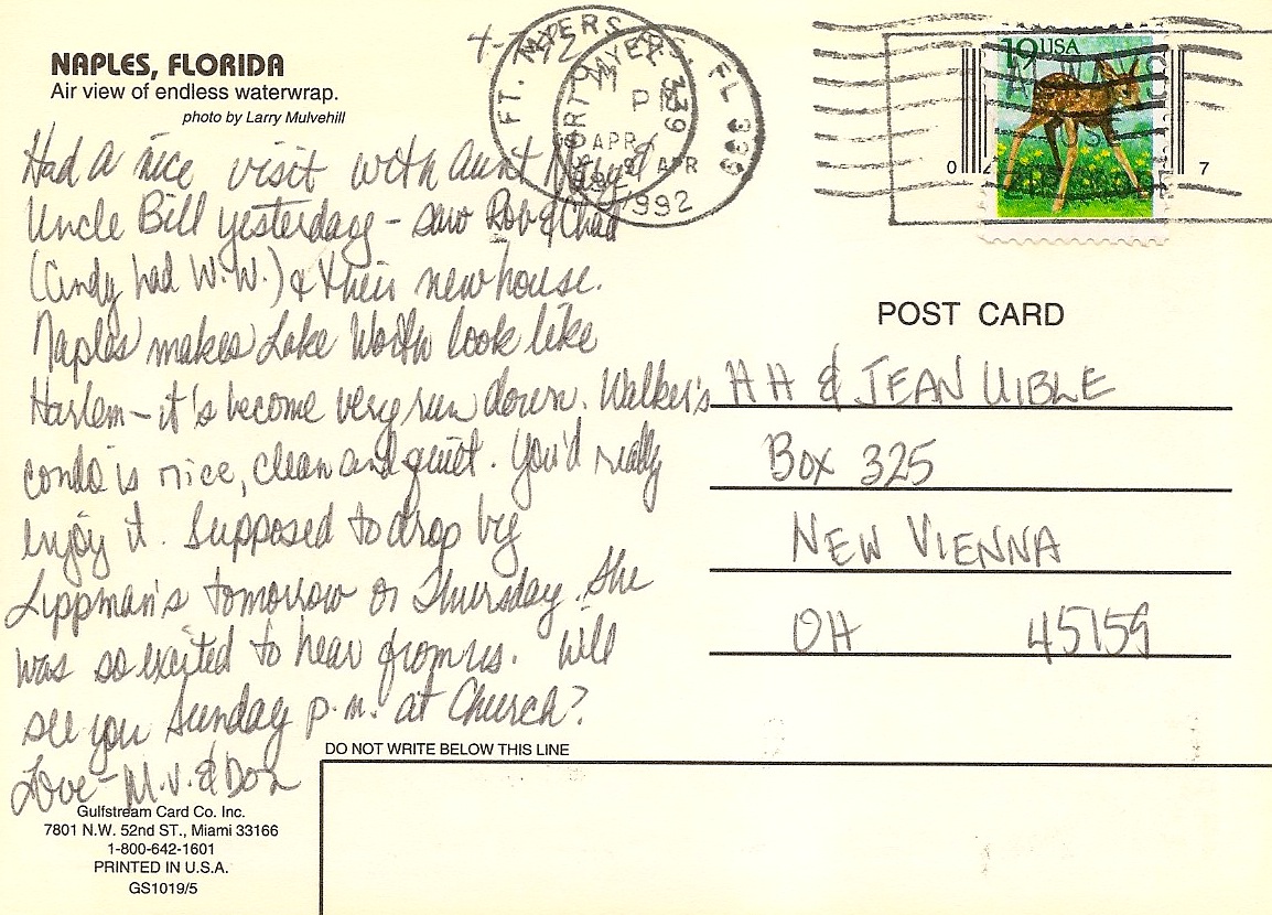 Uibles: A Family Blog: 1992 MV's postcard to Mom/Dad April 7