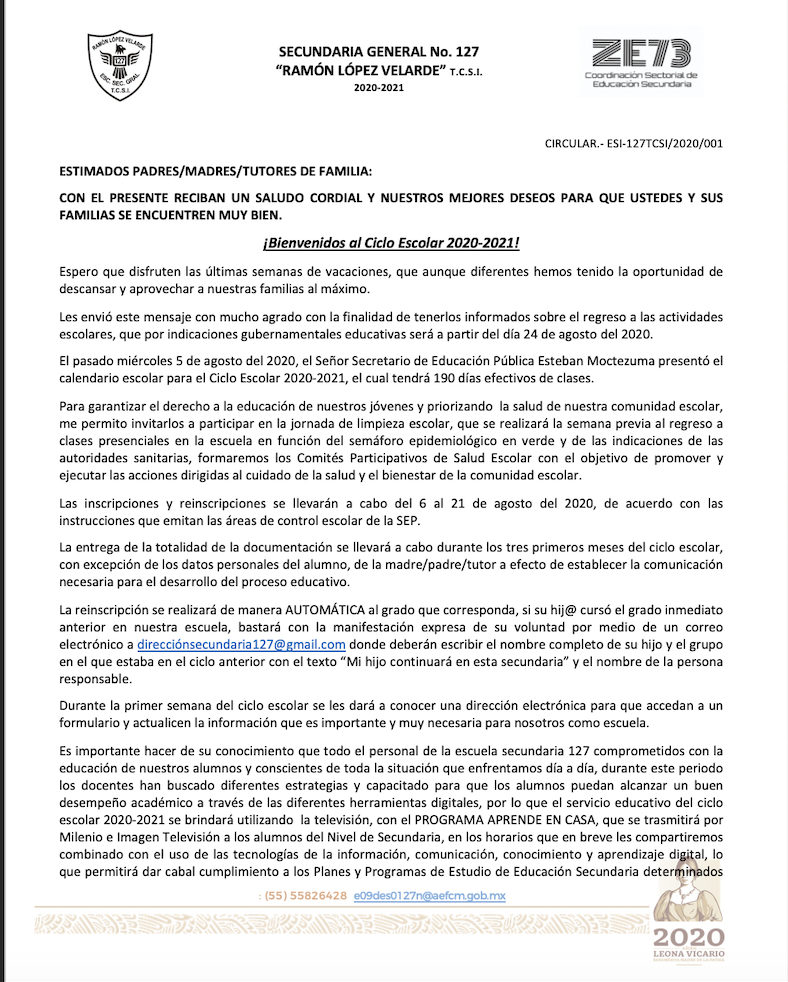 ESCUELA SECUNDARIA GENERAL No. 127 T.C.S.I "RAMÓN LÓPEZ VELARDE": 2020