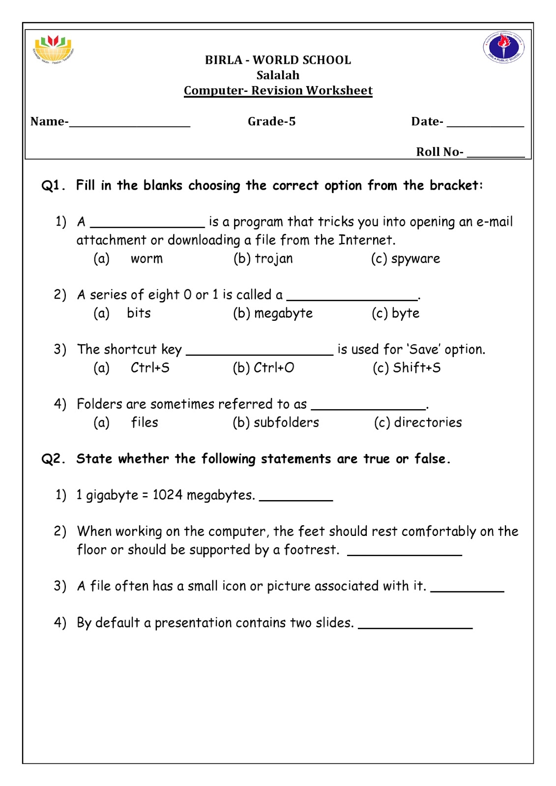 Birla World School Oman: Revision Worksheets for Grade 5 B