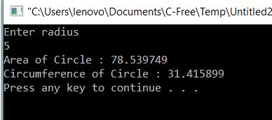 All C Programs: Area and Circumference of Circle using Macro Substituion