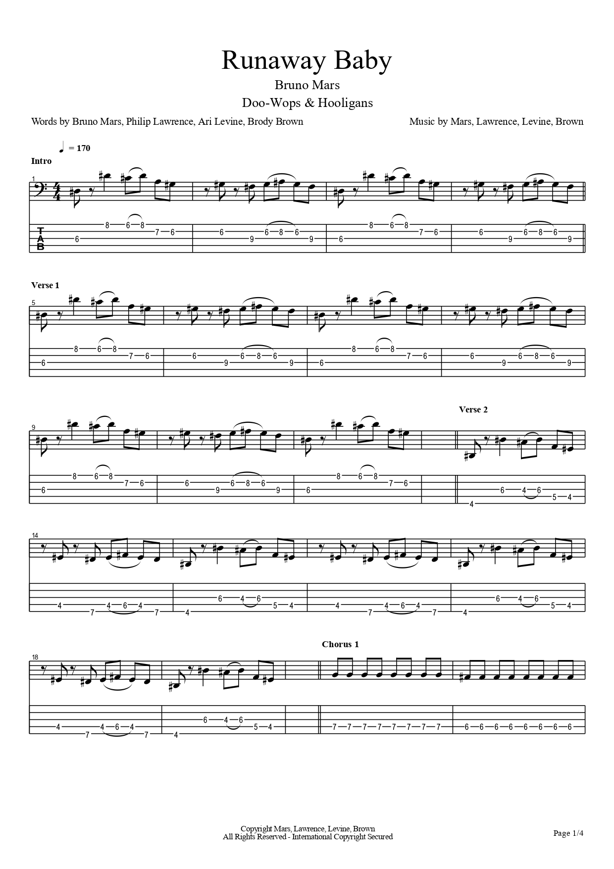 Bruno Mars - Runaway baby Bass Tab