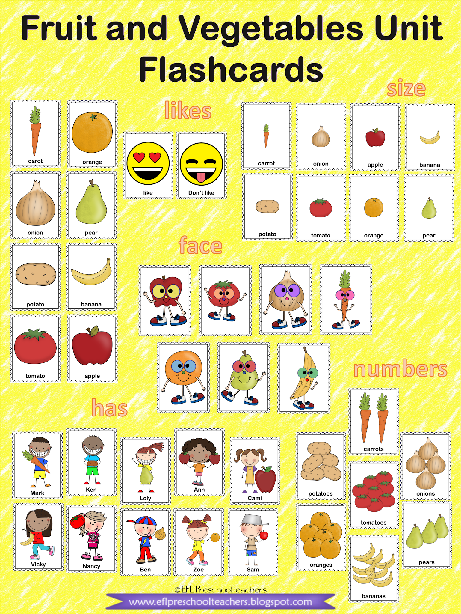 ESL/EFL Preschool Teachers: Fruit and Vegetables Theme Flashcard for ...