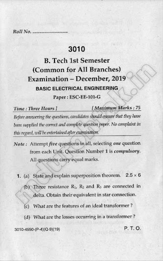 Basic Electrical Engineering Question Paper - B.Tech 1st Year - December 2019
