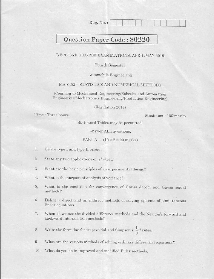 Anna University MA 8452 Statistics And Numerical Methods April/May2019 ...