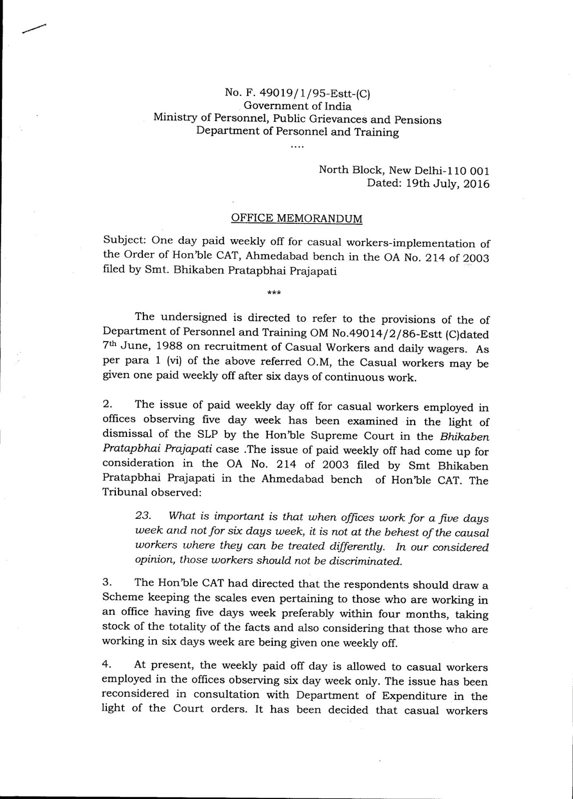 Confederation Of Central Government Employees & Workers: Casual Workers ...