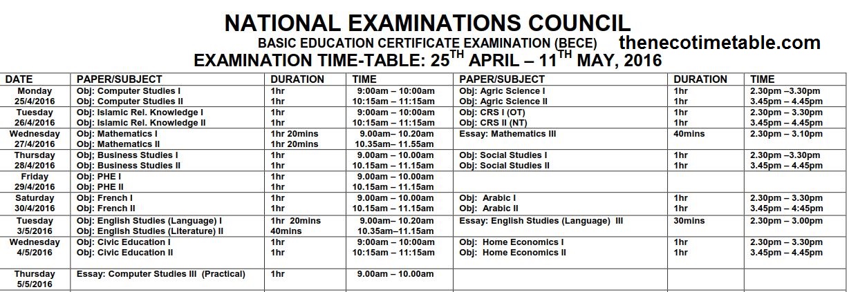 NECO BECE Time Table 2016 - JSS3 Time Table » NECO 2018