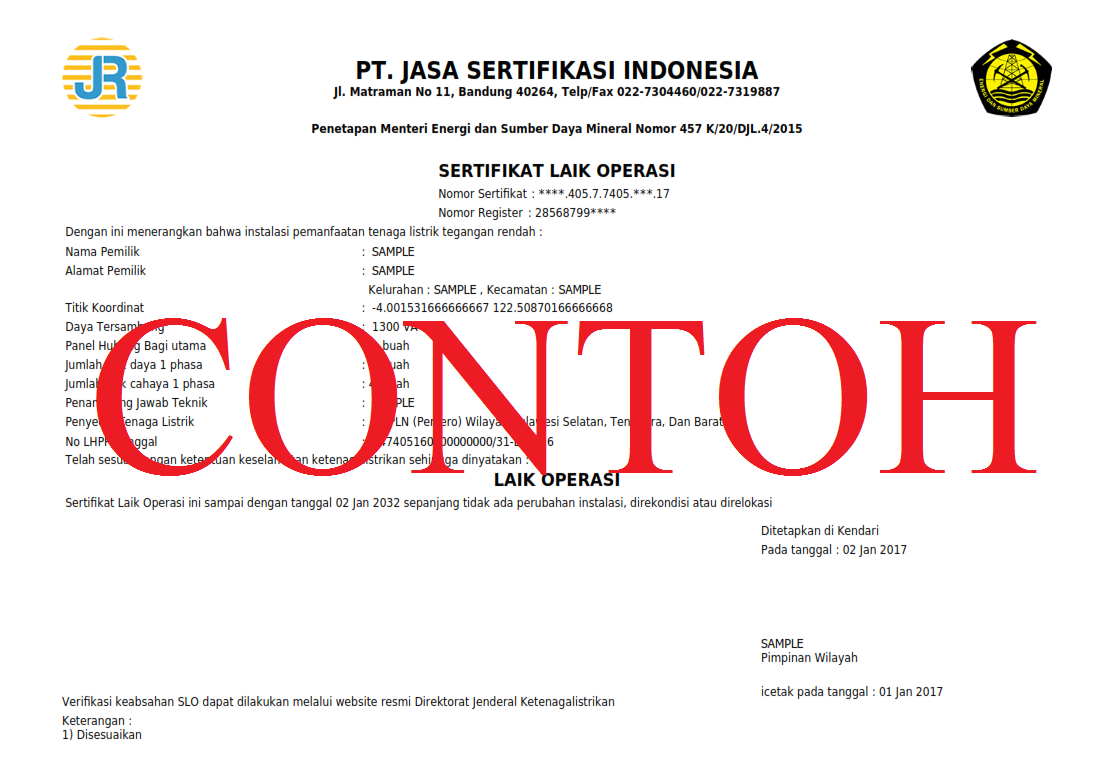 JASERINDO SULAWESI TENGGARA: Sertifikat Laik Operasi (SLO)