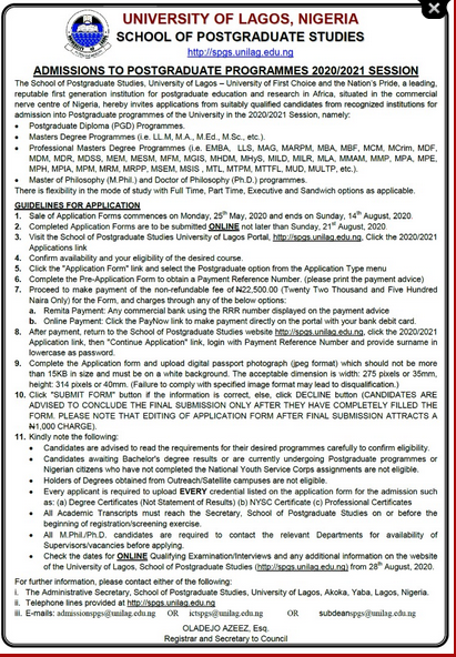 UNILAG (SPGS) Postgraduate Form 2020/2021 [Extension Notice]