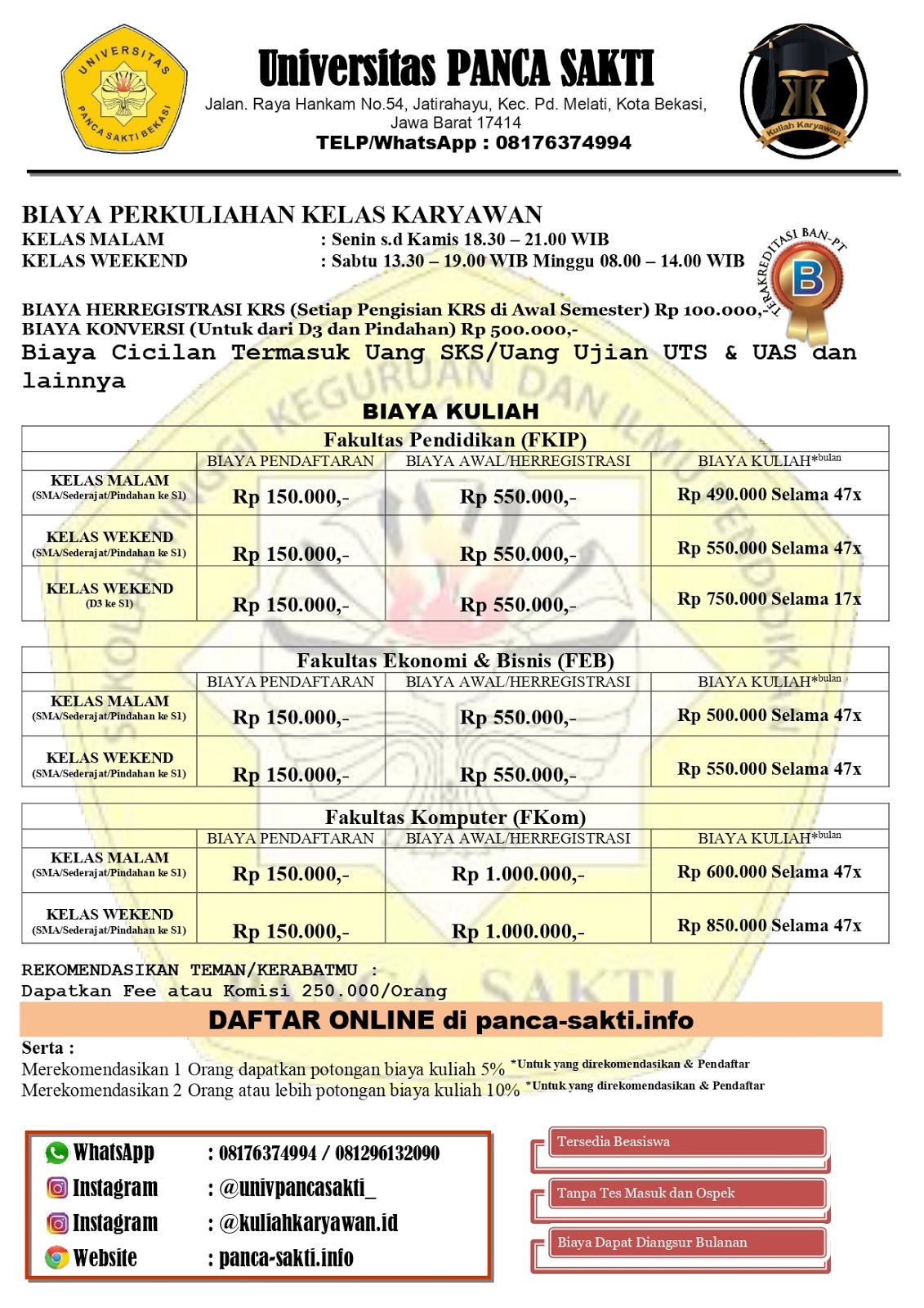 Universitas Panca Sakti (Kelas Karyawan): Biaya Kuliah Universitas Panca Sakti Bekasi