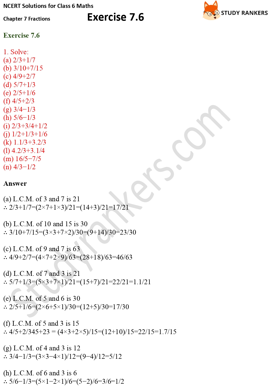 NCERT Solutions For Class 6 Maths Chapter 7 Fractions Exercise 7 6
