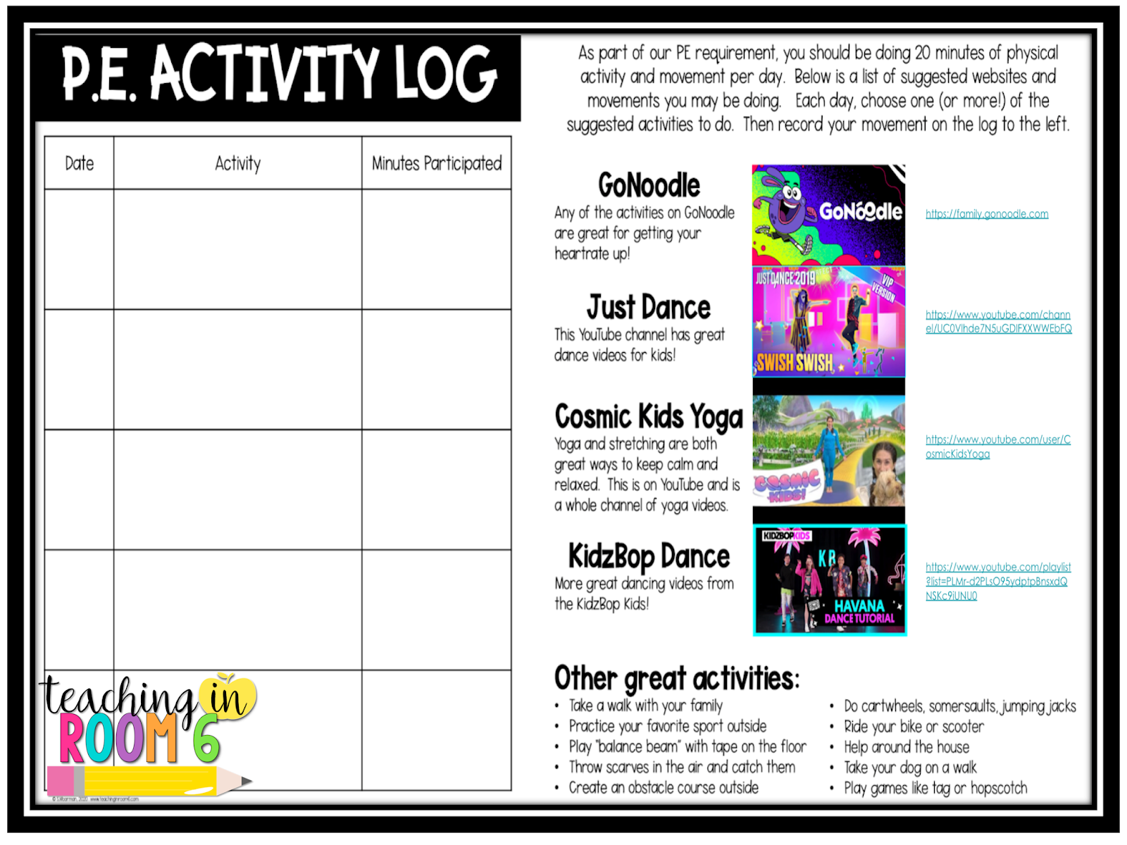 Getting a Little PE In -- Distance Learning Edition | Teaching in Room 6