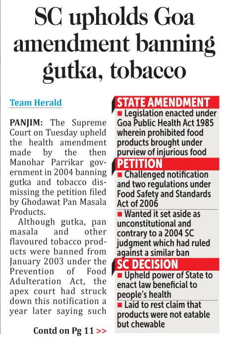 FOOD SAFETY LATEST: SC upholds Goa amendment banning gutka, tobacco