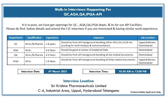 Sri Krishna Pharmaceuticals Ltd - Walk-In Interviews for QC / AQA / QA / IPQA on 6th Mar' 2021 ...
