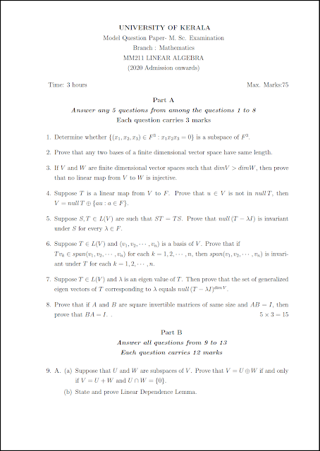 Kerala University MSc Linear Algebra 2020 Question Paper - University ...
