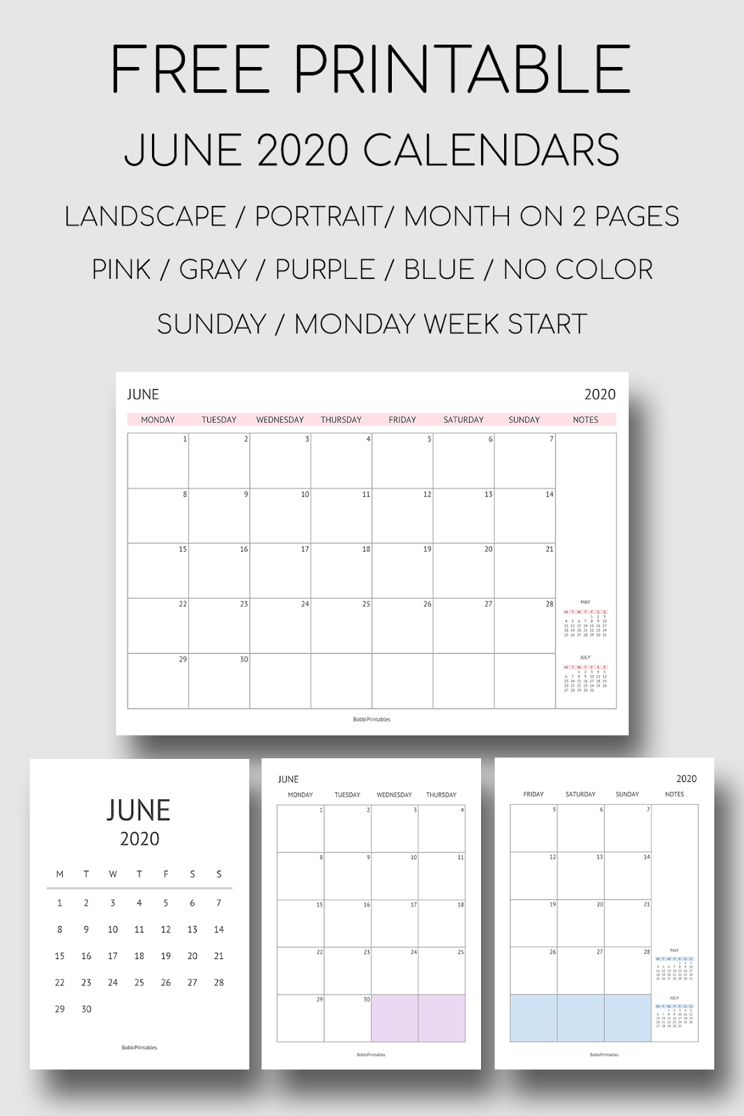 Printable June 2020 Calendars