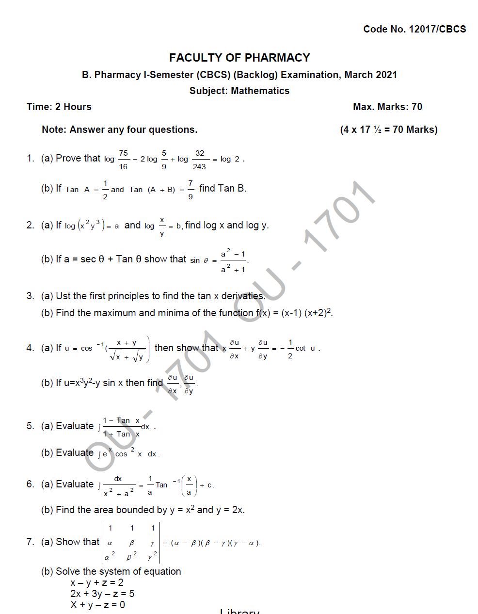 Osmania University B. Pharmacy I-Semester (CBCS) (Backlog) Subject ...