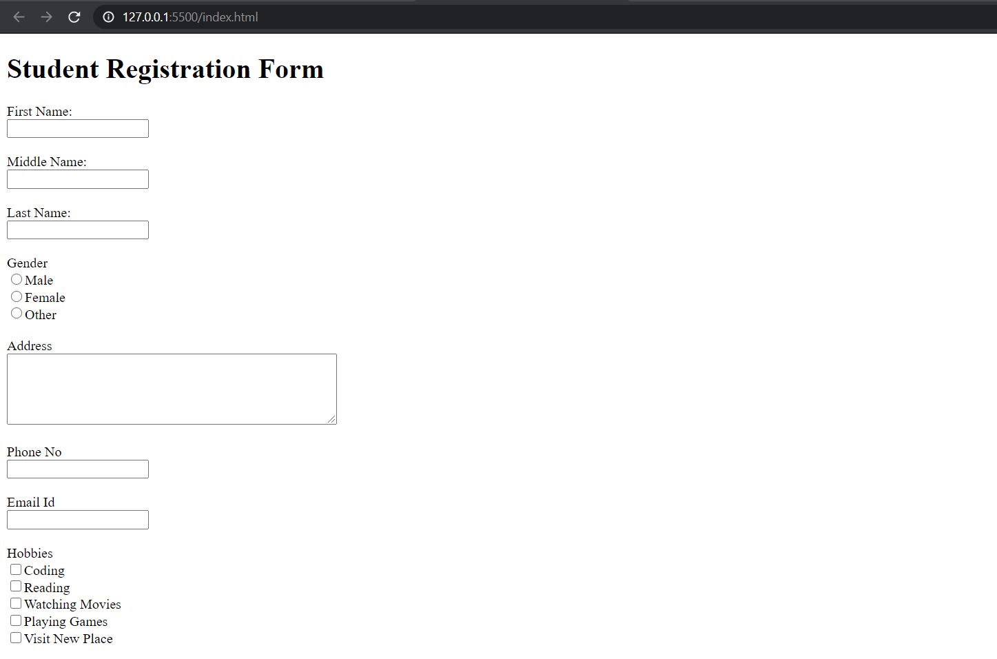 Create a Student registration form using following tags form,input ...