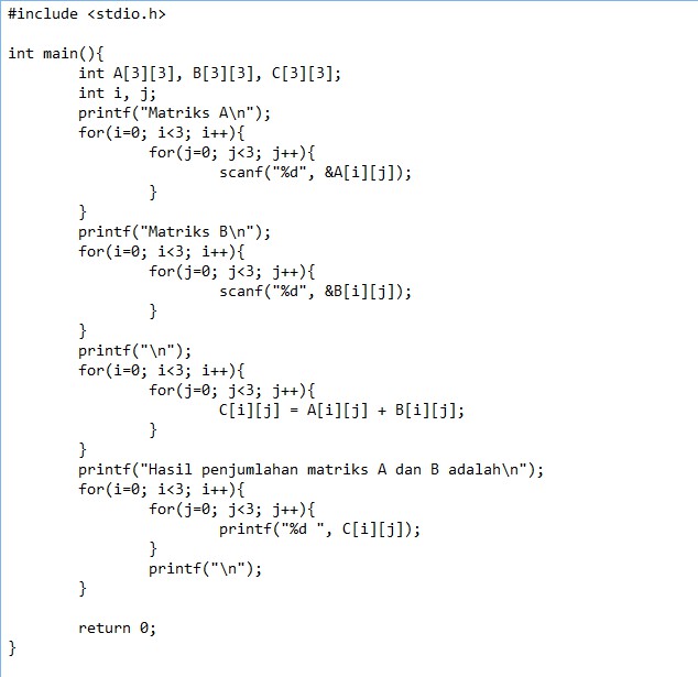 Solusi Problem Sets Bahasa Pemrograman C: Penjumlahan Matriks 3x3