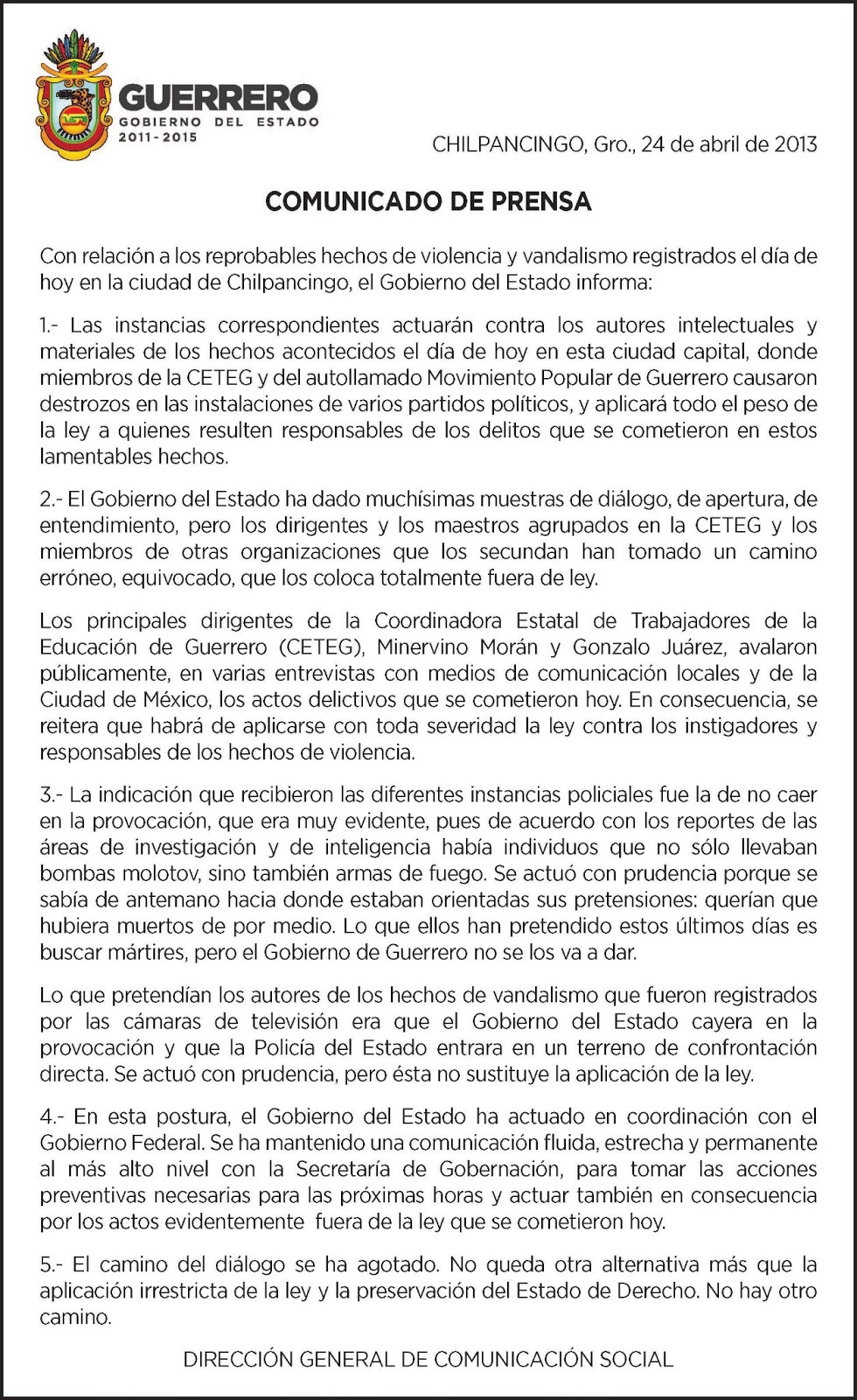 GCP: COMUNICADO DE PRENSA DEL GOBIERNO DEL ESTADO DE GUERRERO