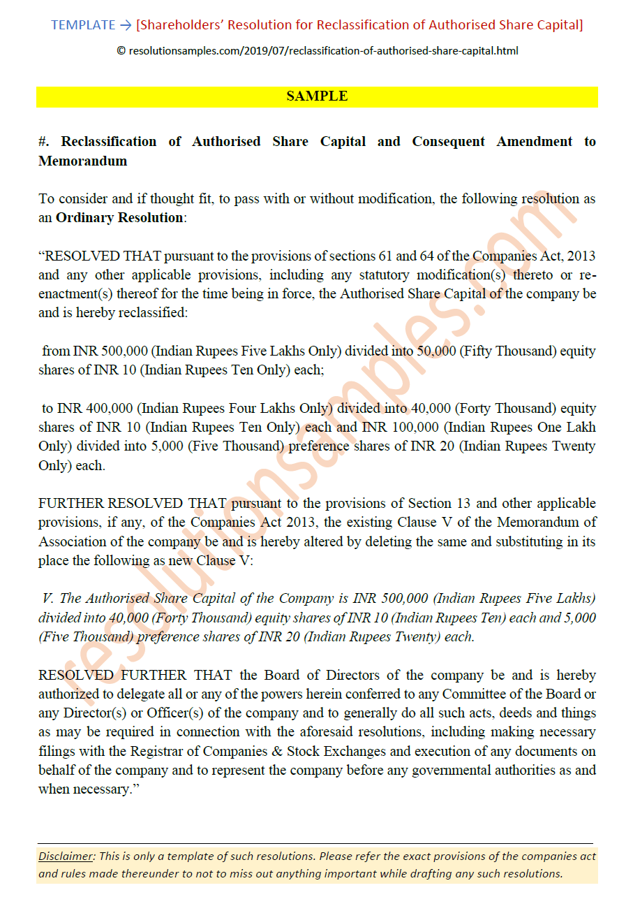 EGM Resolution for Reclassification of Authorised Share Capital