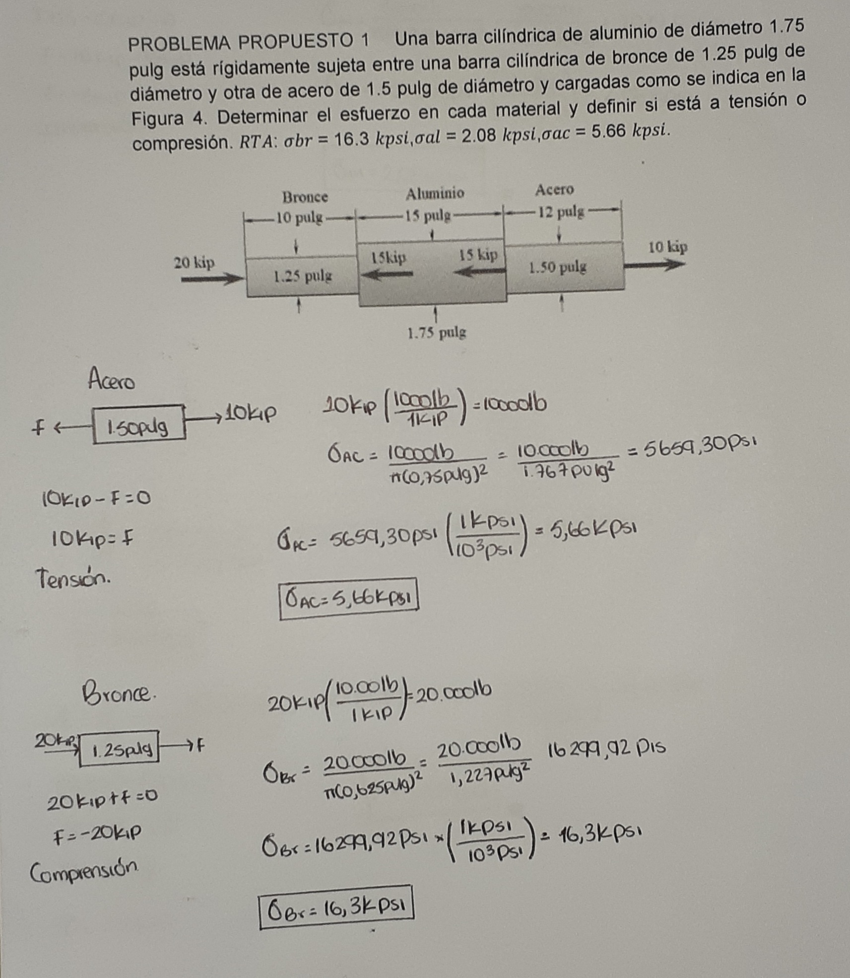 Una barra cilíndrica de aluminio de diámetro 1.75 pulg está rígidamente ...