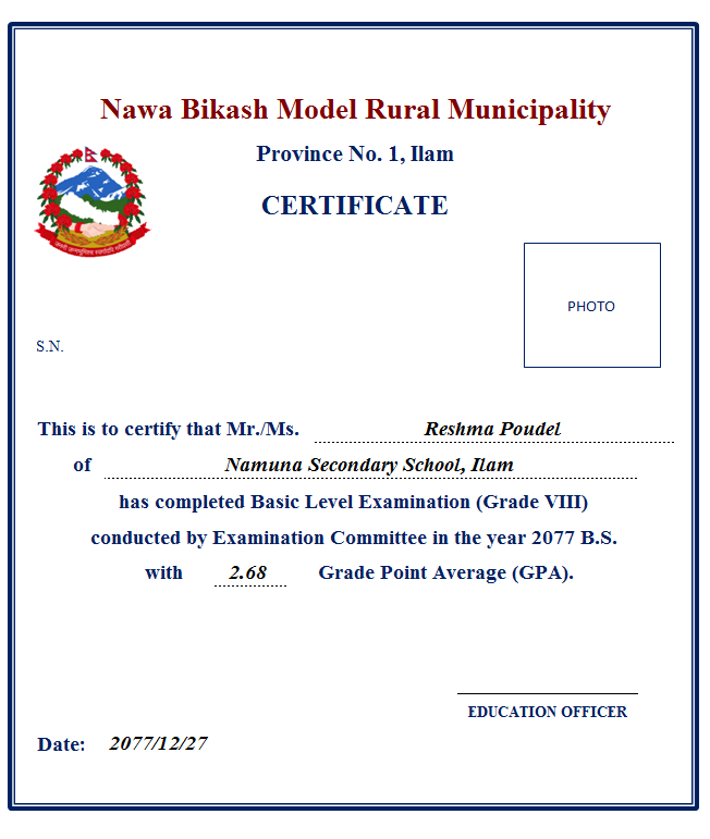 Class 8 Ledger, Grade Sheet and Certificate