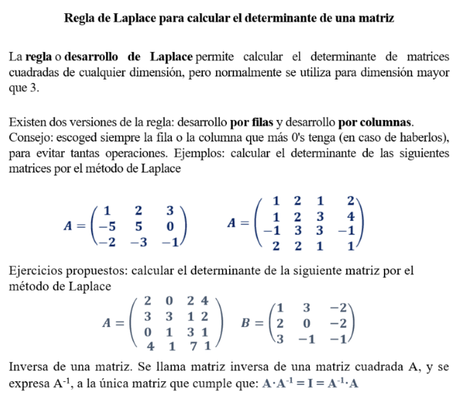 MATECAPICHY: Regla de Laplace para calcular determinantes de una matriz