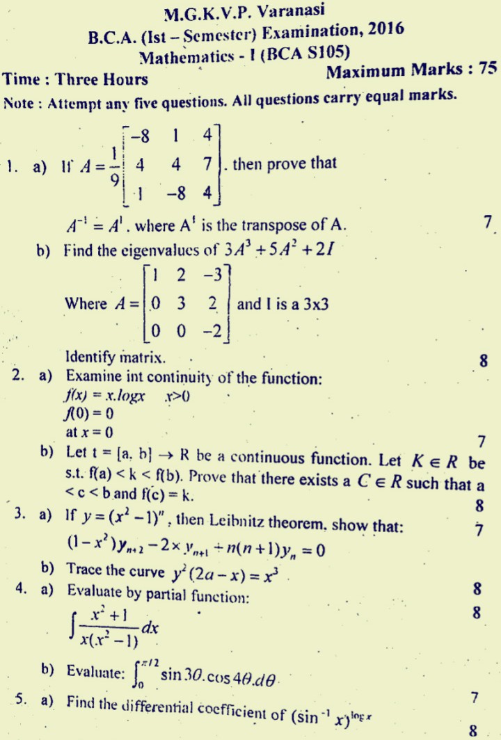 MGKVP BCA 2016 MATHEMATICS 1st