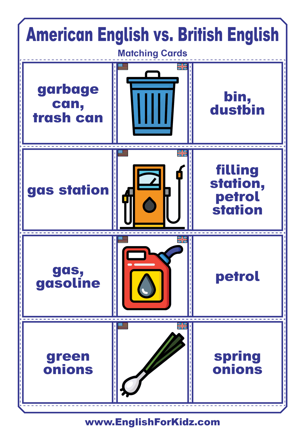American English vs. British English Matching Cards
