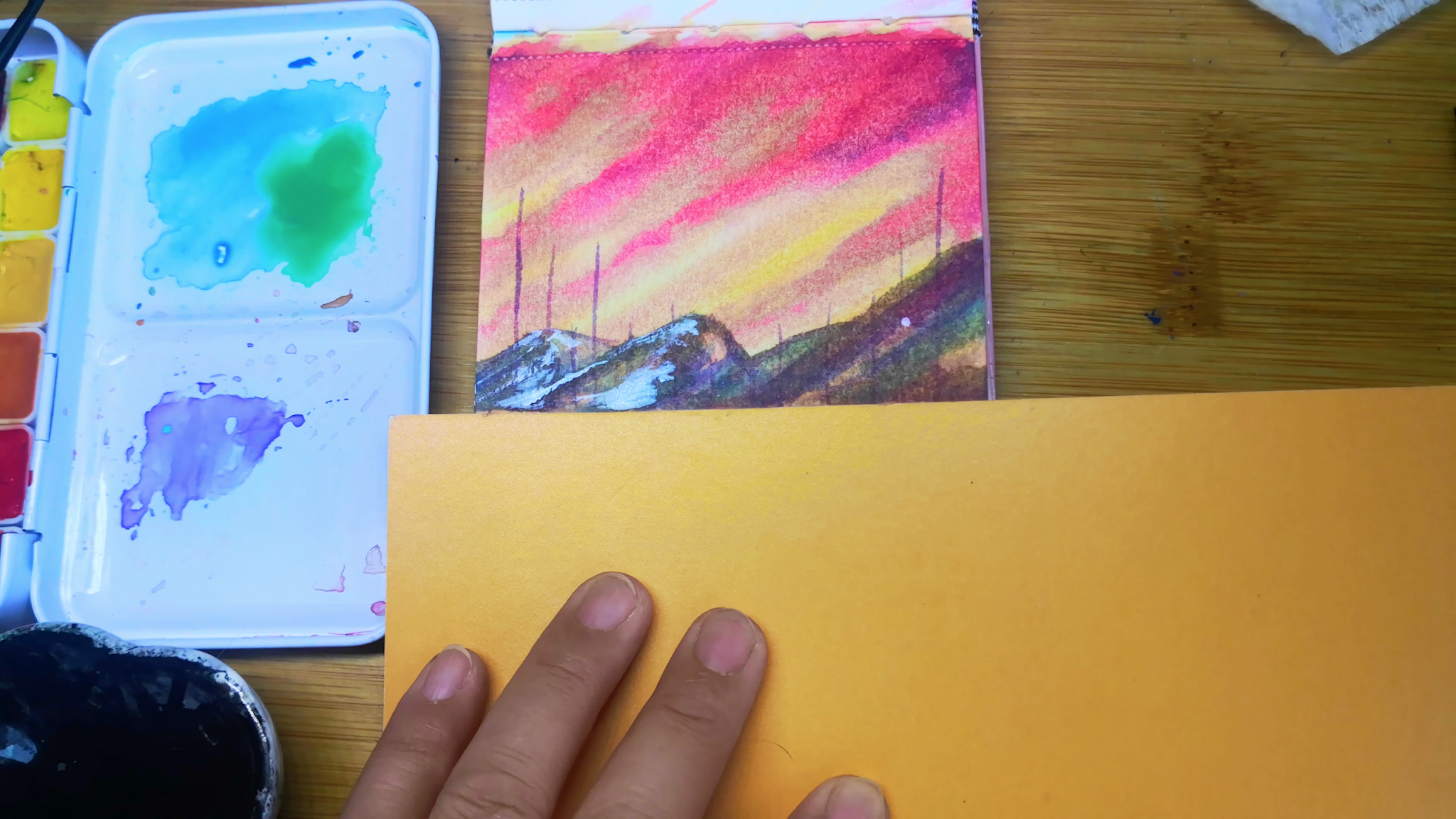 How to draw watercolor pink sunset step by step tutorial easy for begginer