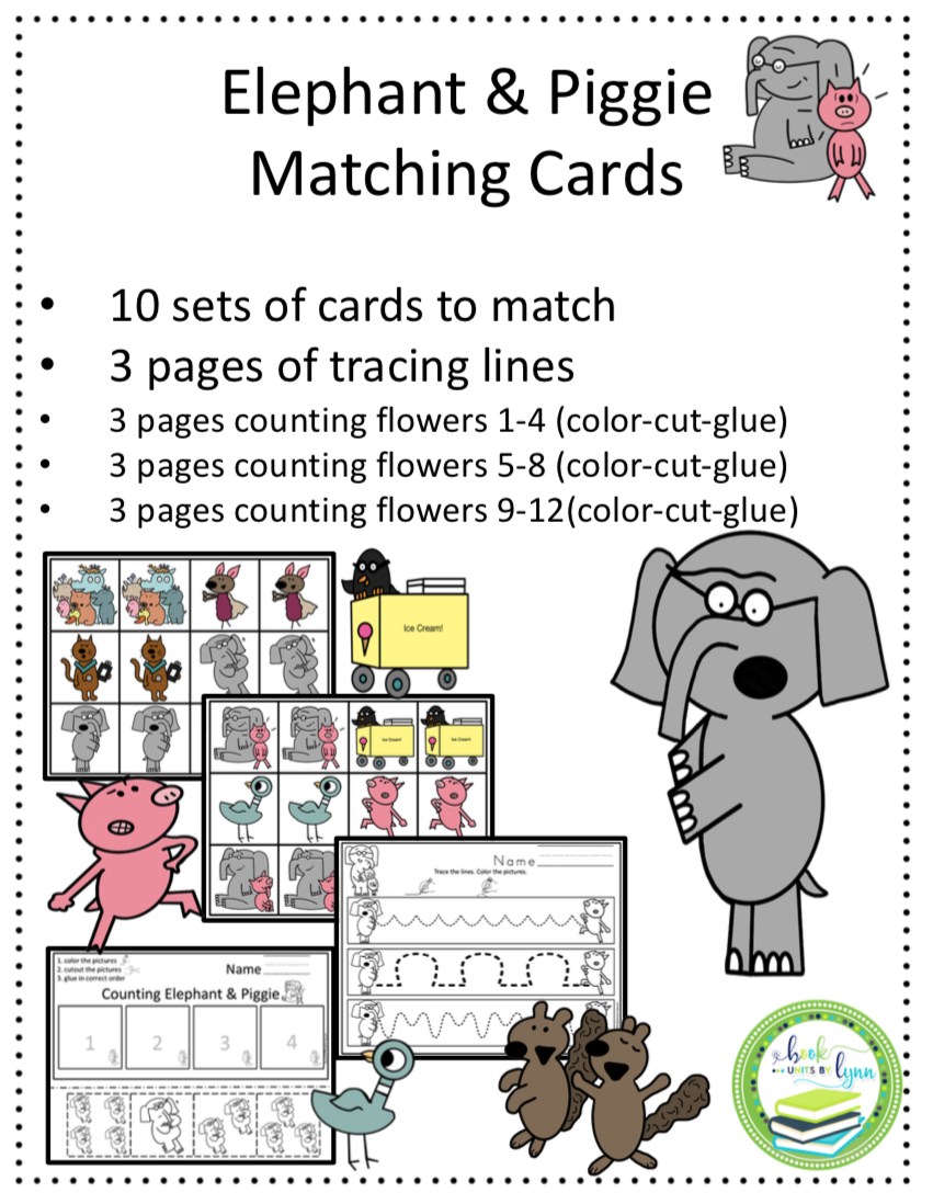 ELEPHANT AND PIGGIE MATCHING CARDS, COUNTING, AND TRACING LINES ~ Book ...