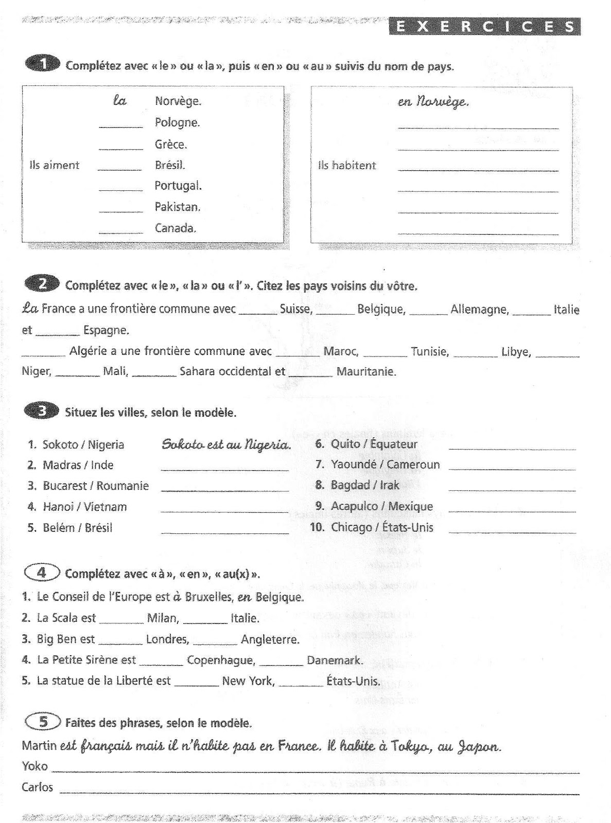 FLE Niveau 1: Les pays et les nationalités (exercice)