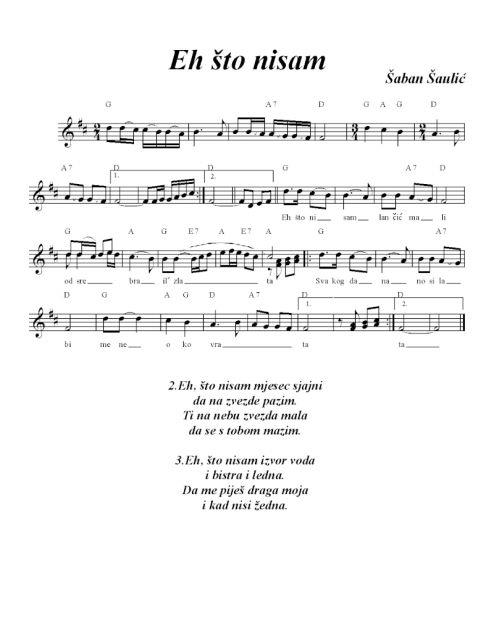 NOTE | DOMACE I STRANE: EH ŠTO NISAM ŠABAN ŠAULIĆ NOTE AKORDI TEKST