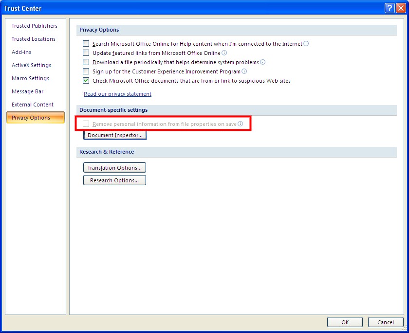 Chandler: How can I prevent the privacy warning in Excel?