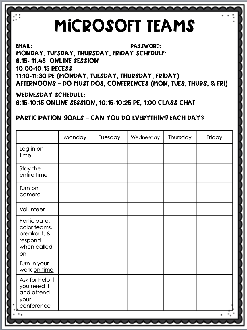 I Love My Classroom: Virtual Classroom Participation Chart