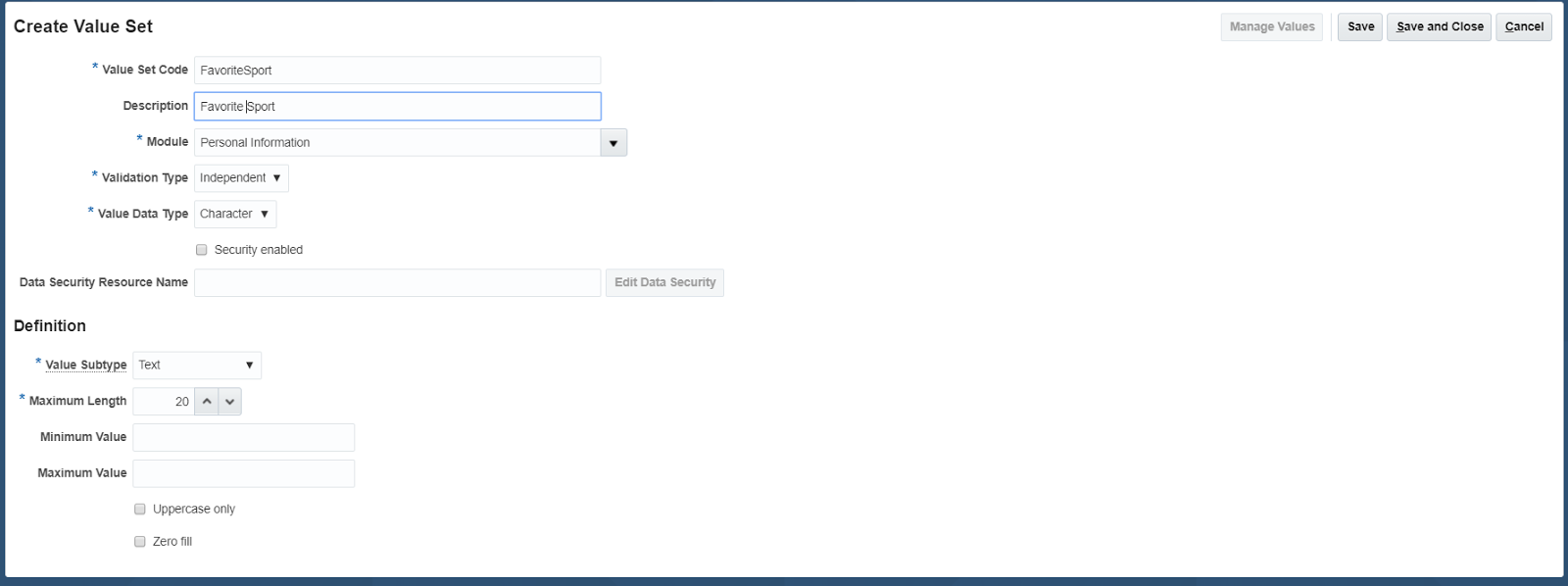 How to create independent value set in fusion(Oracle Cloud)?