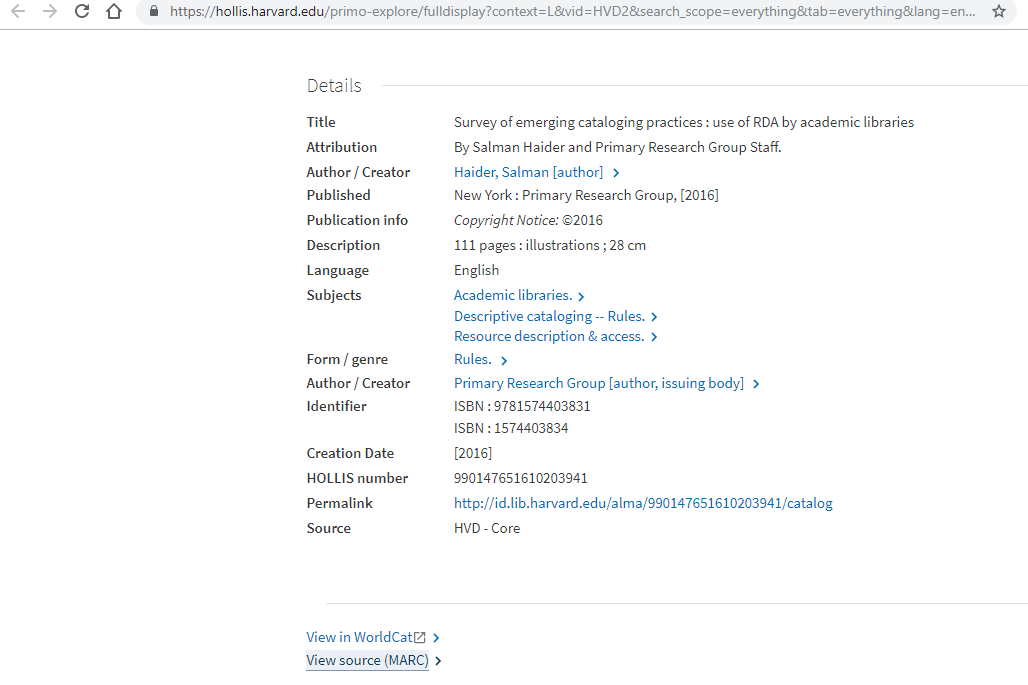 Cataloging Metadata Examples : RDA AACR2 LCSH LCC DDC MARC-21 BIBFRAME Etc.