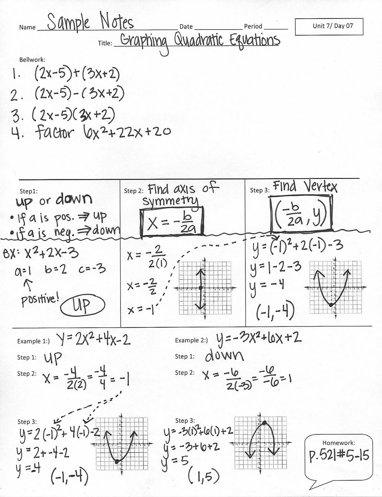 Algebra 1: Unit 7/Day 7: Graphing Quadratic Equations