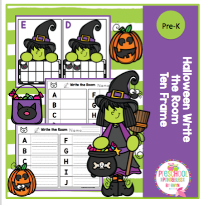 Halloween Write the Room using 10 Frames ~ Preschool Printables