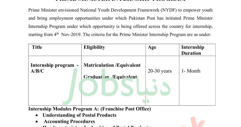 Pakistan Post Internship Program for youth