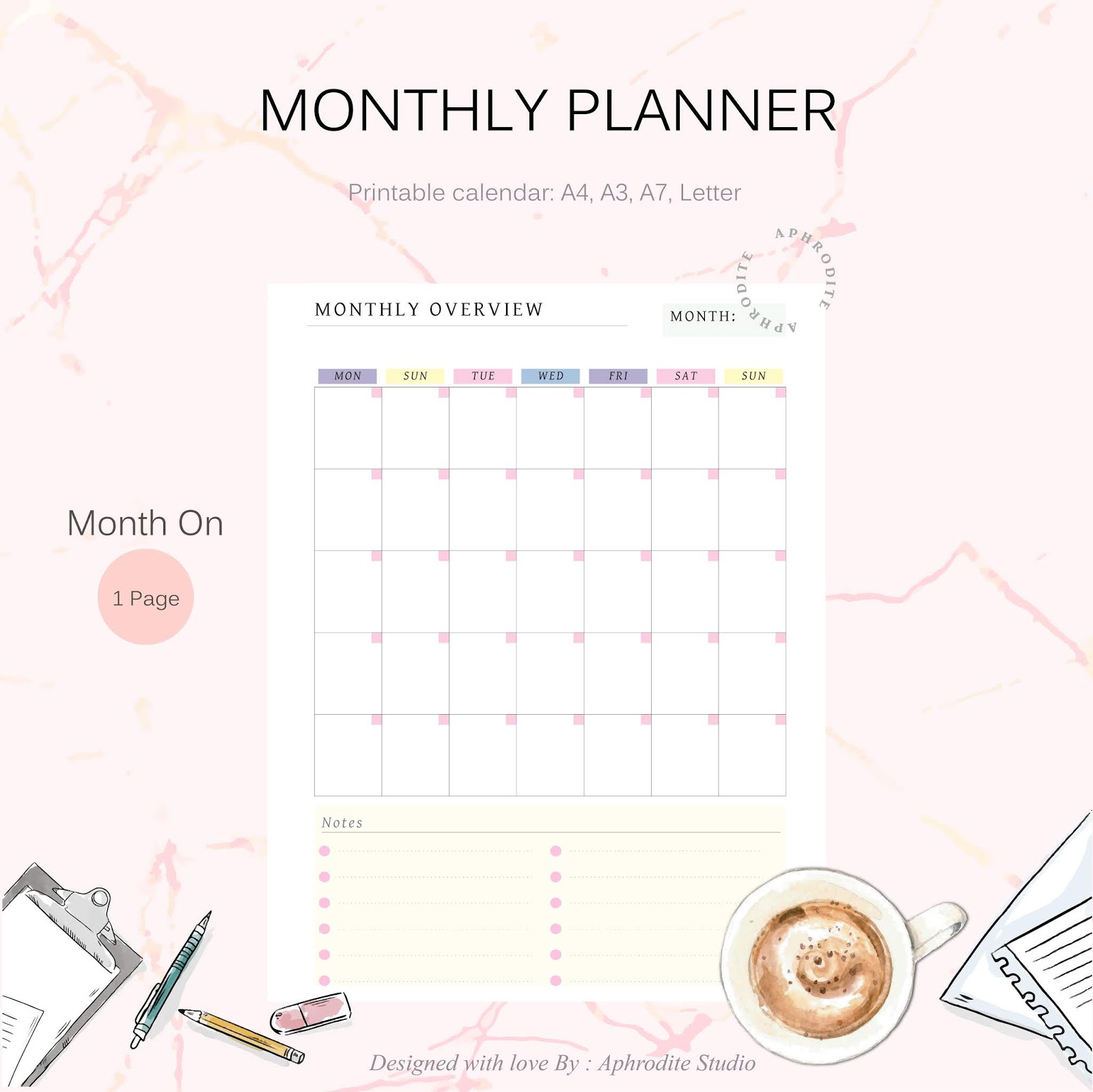 PRINTABLE MONTHLY REVIEW / A4,A3,A7, LETTER / MONTH ON ONE PAGE ...