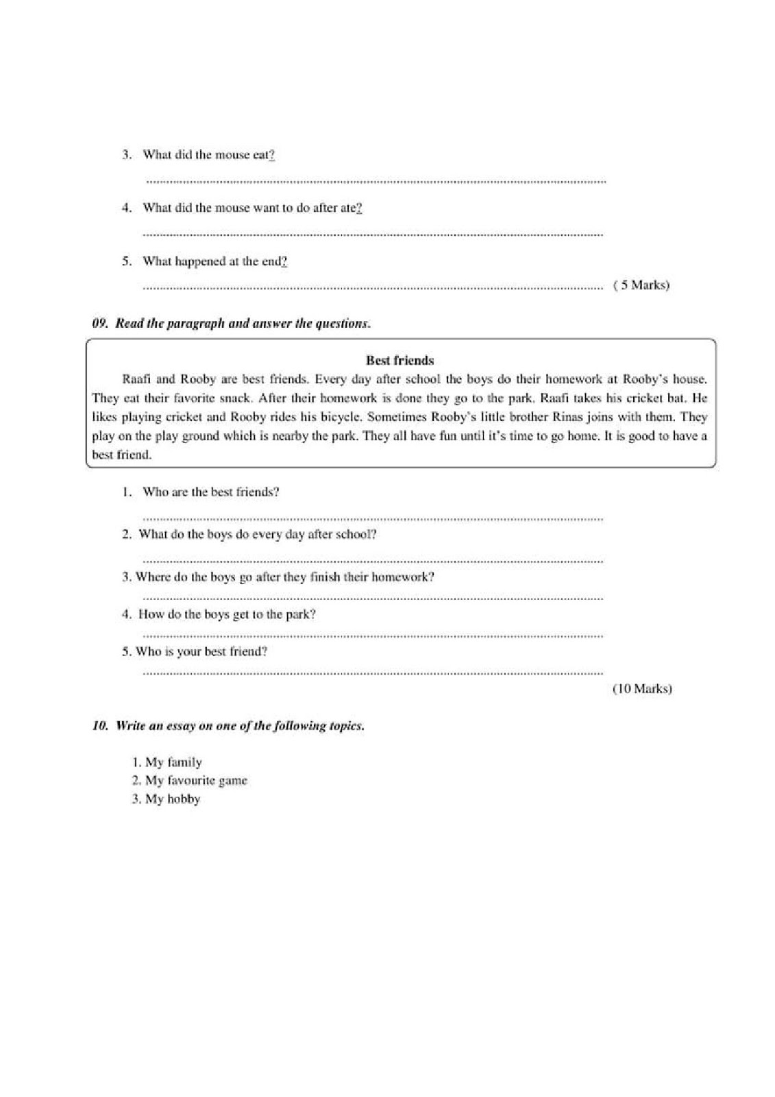 Anuladevi Balika Vidyalaya - Galle: Grade 6 - English model paper