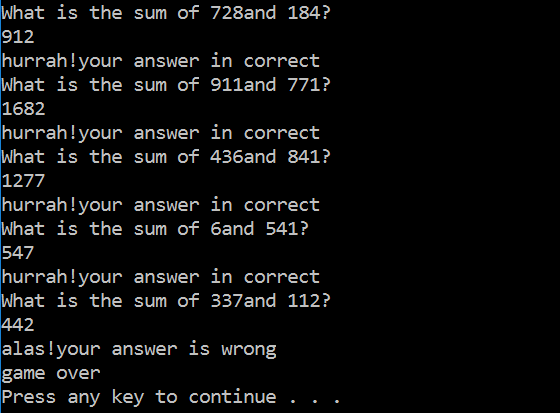 C++ program to show questions until the user gives the wrong answer