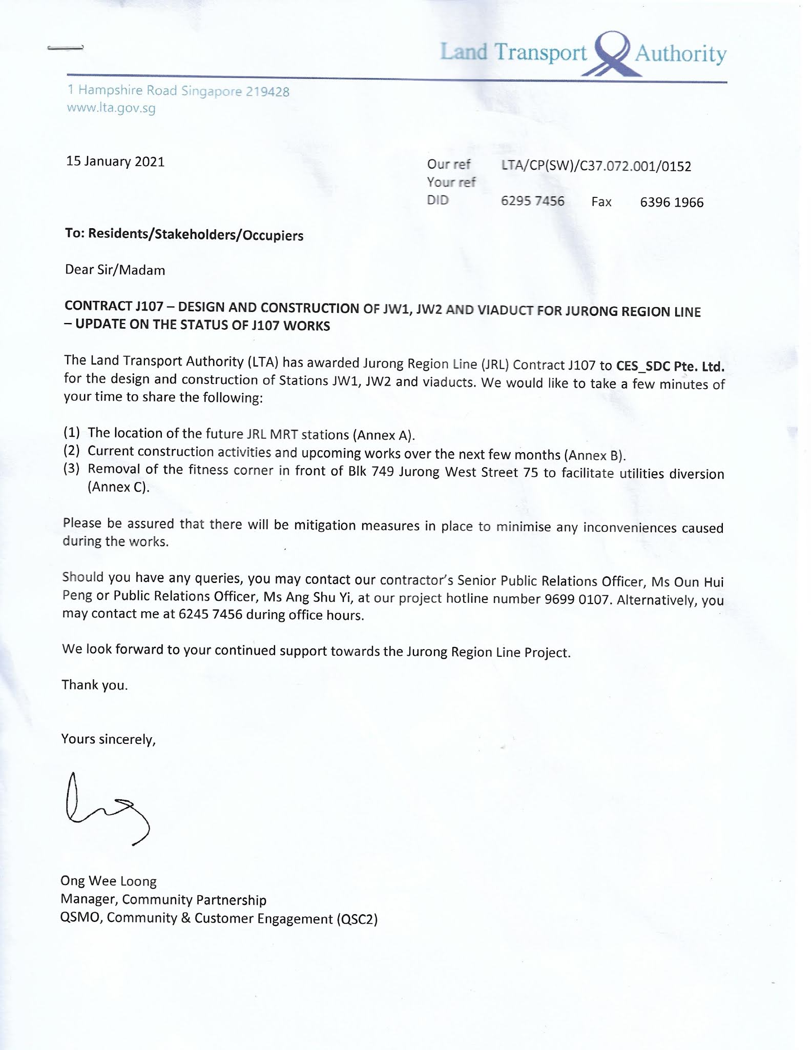 Jurong Region Line Construction: J107 - LTA updates