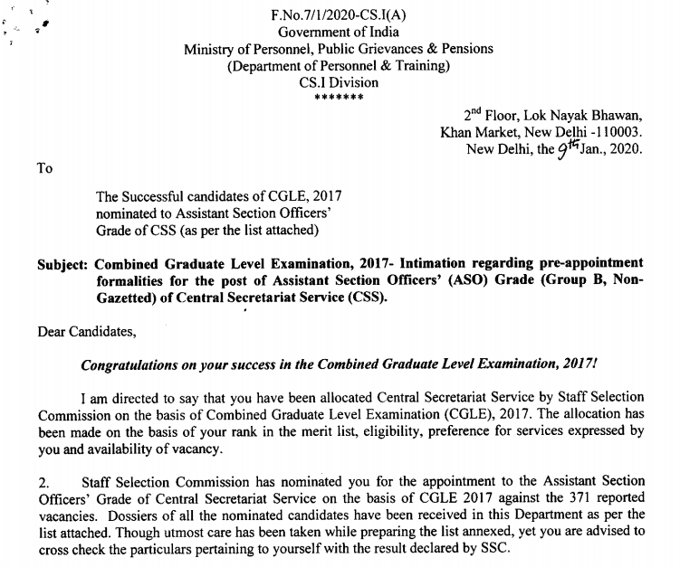 Click Here to Download DoPT Notice for ASO in CSS Selected through SSC ...