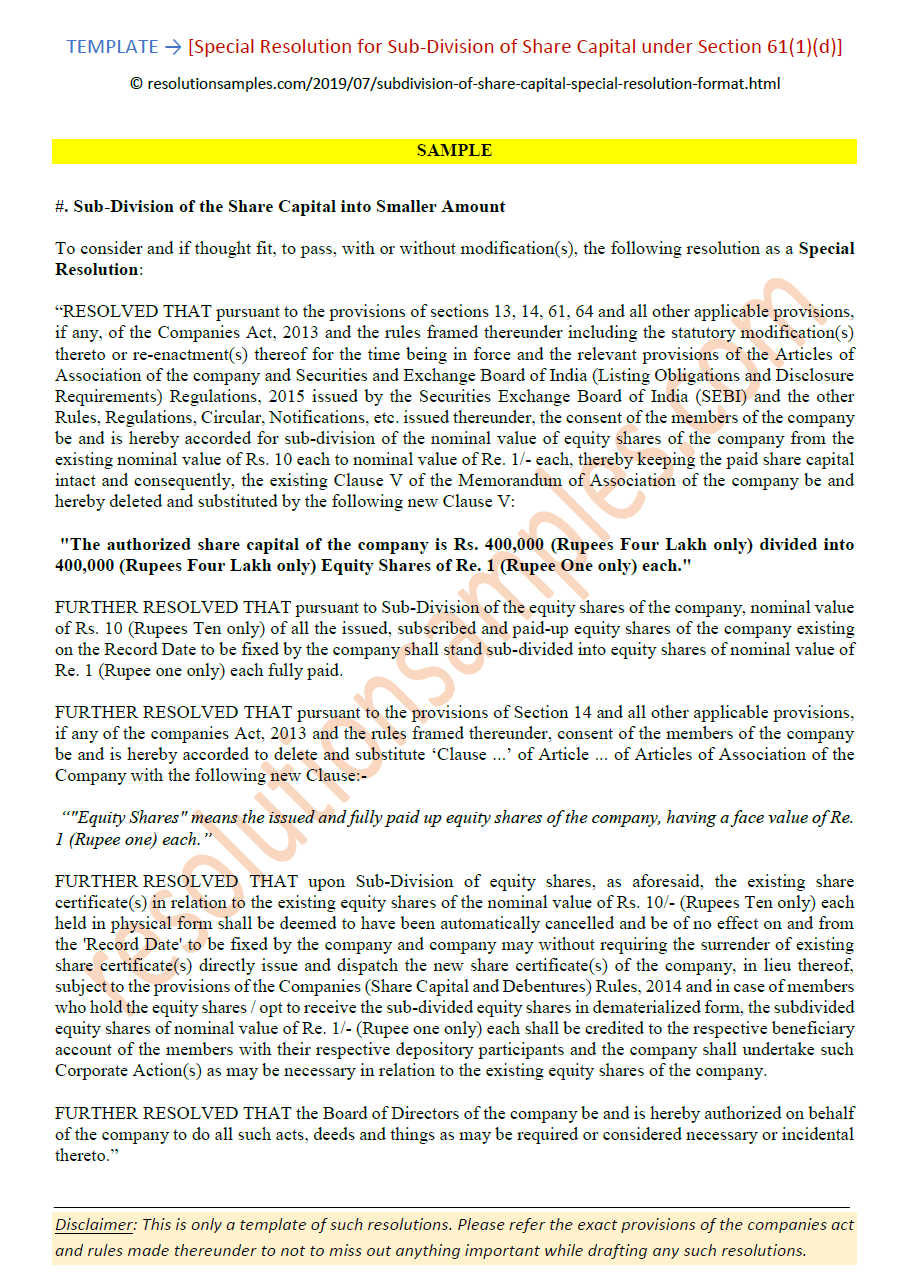 Special Resolution Sub-Division of Share Capital Sec. 61(1)(d)