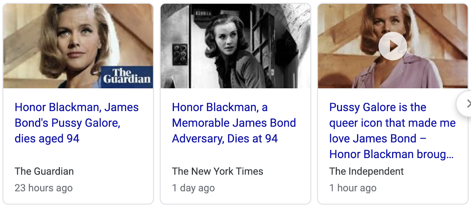 Honor Blackman, James Bond's Pussy Galore, dead at 94, April 5, 2020 - Gematria Effect News