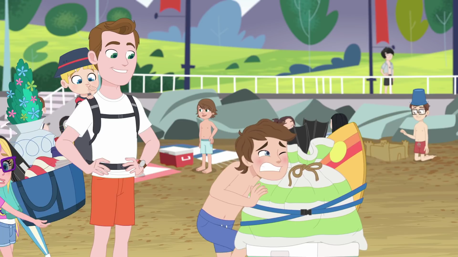Shirtless Drawn Cartoon Boys: Pierce Pocket at the Beach